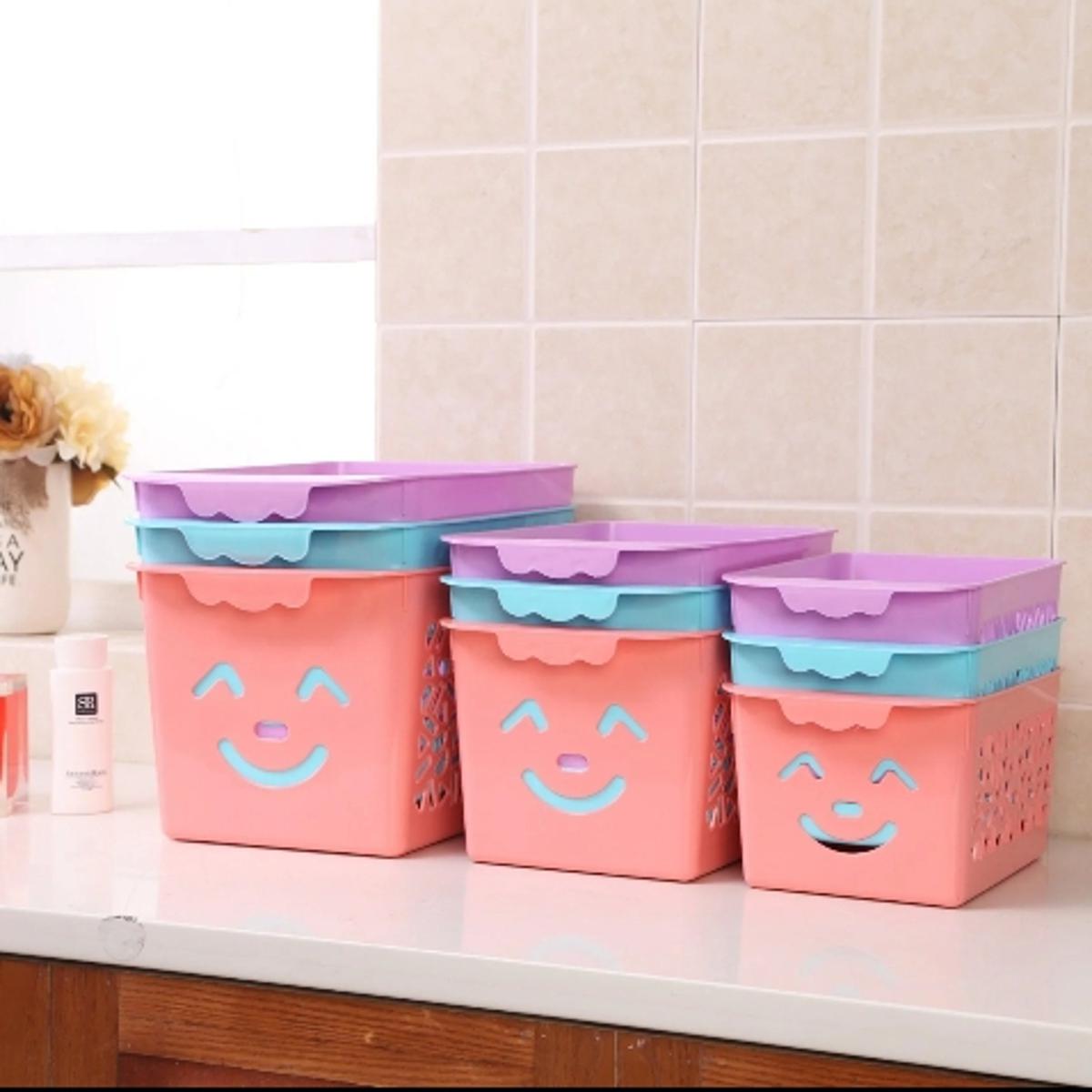 (Pack of 3) MULTI-Purpose Storage Basket With Cover In Smiley Face & R ...